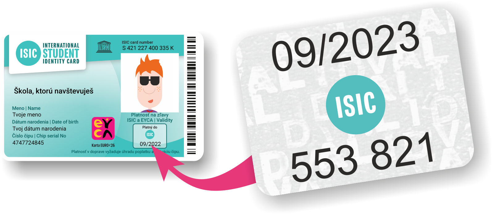 Známka ISIC/EURO26 09/2026 - obnova platnosti čipového preukazu(+3 ...